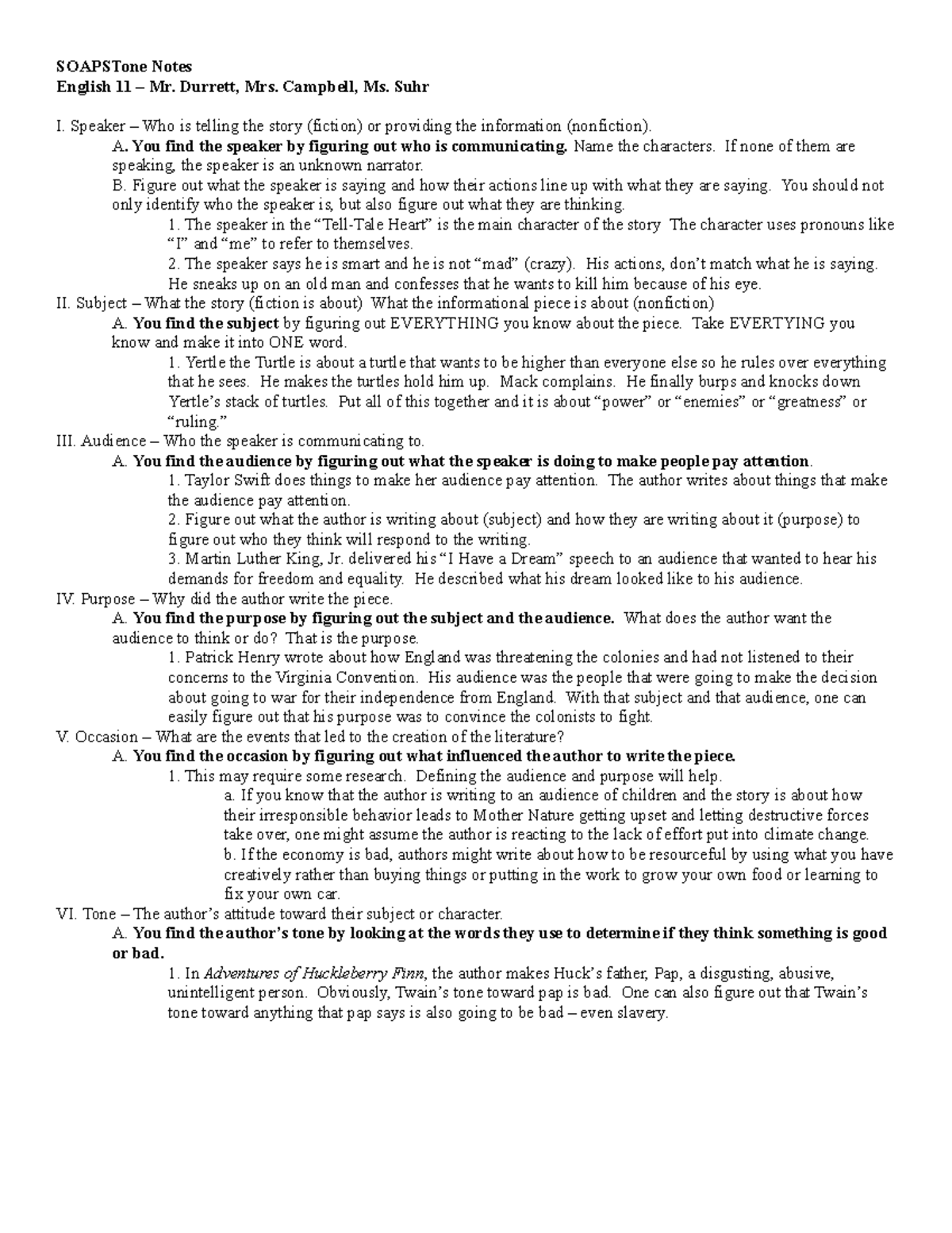 Soapstone Notes - ... - SOAPSTone Notes English 11 – Mr. Durrett, Mrs ...