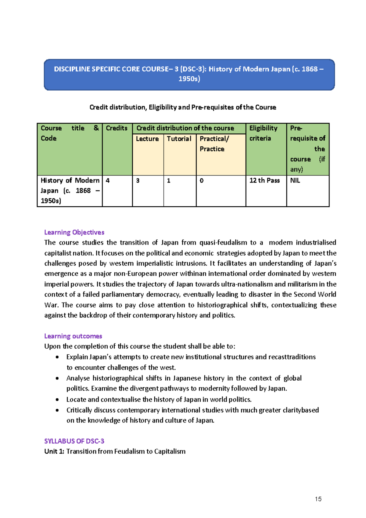 Syllabus for History of Modern Japan (DSC-3): Course Overview & Objectives - Studocu