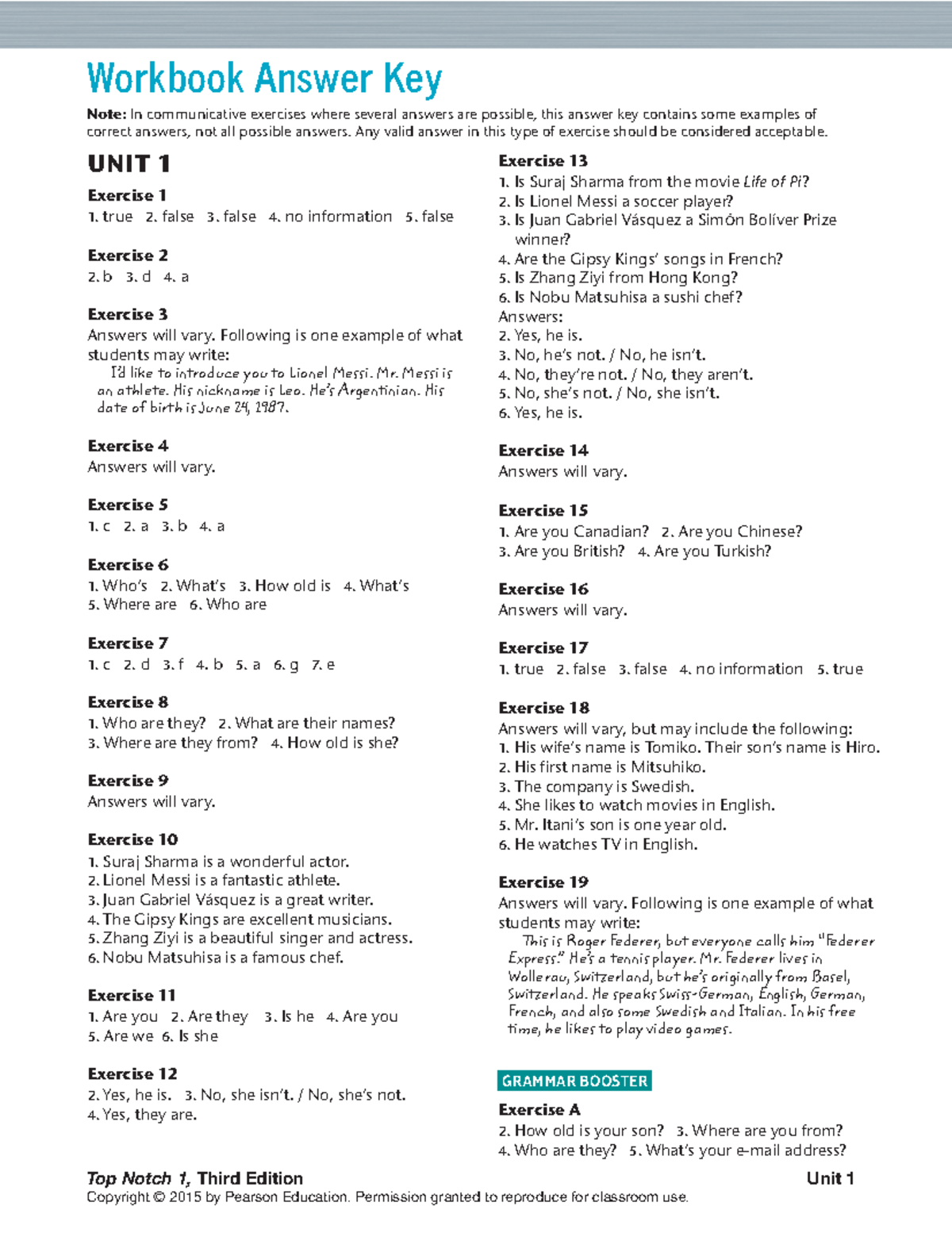 Top Notch 1A Workbook Answer Key - 3rd Edition Review - Studocu