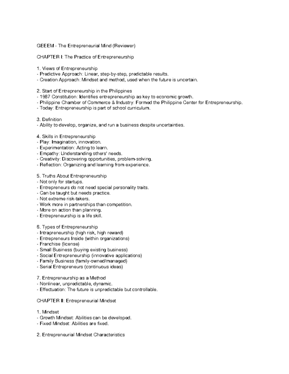 Entrepreneurial Mindset Review (ENT 101) - Chapter I Insights - Studocu