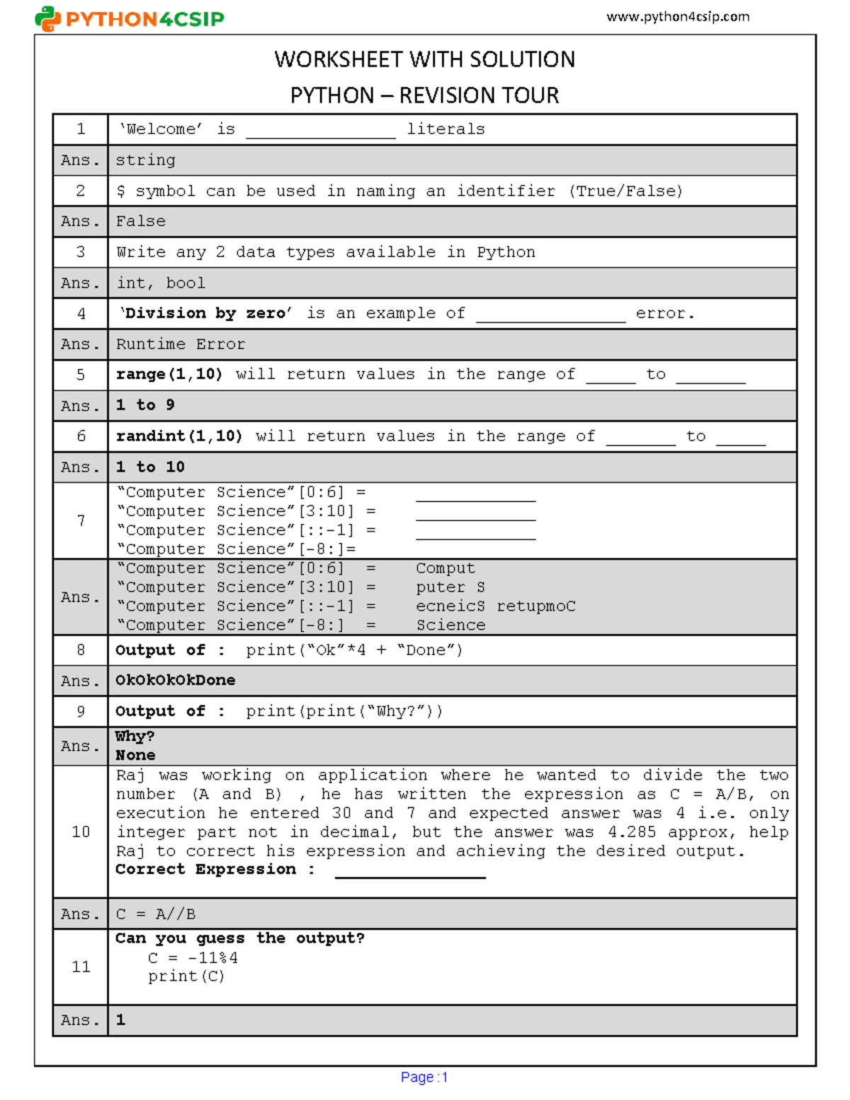 Worksheet - WORKSHEET WITH SOLUTION PYTHON – REVISION TOUR 1 >Welcome ...