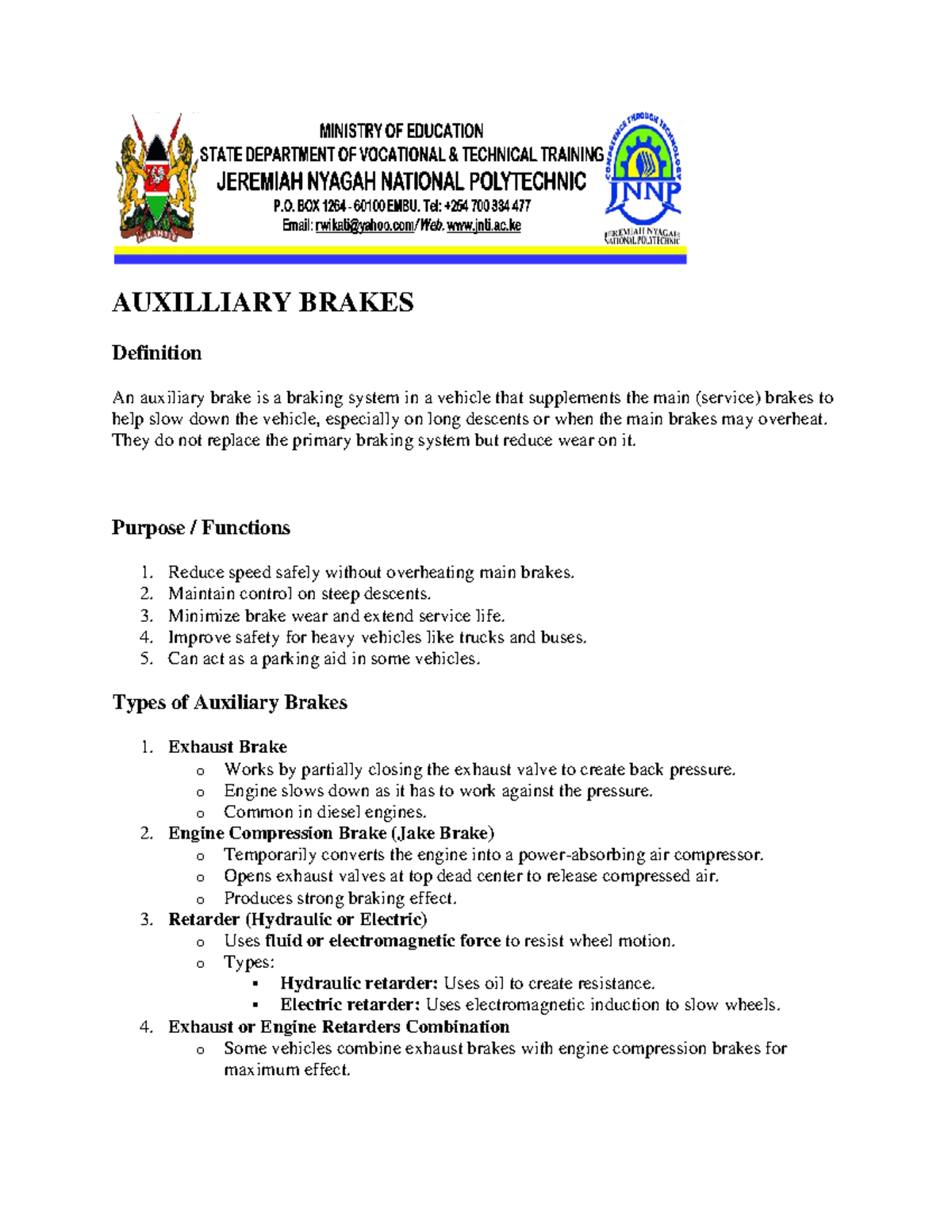 Auxiliary Brakes: Definition, Types, and Functions Explained - Studocu