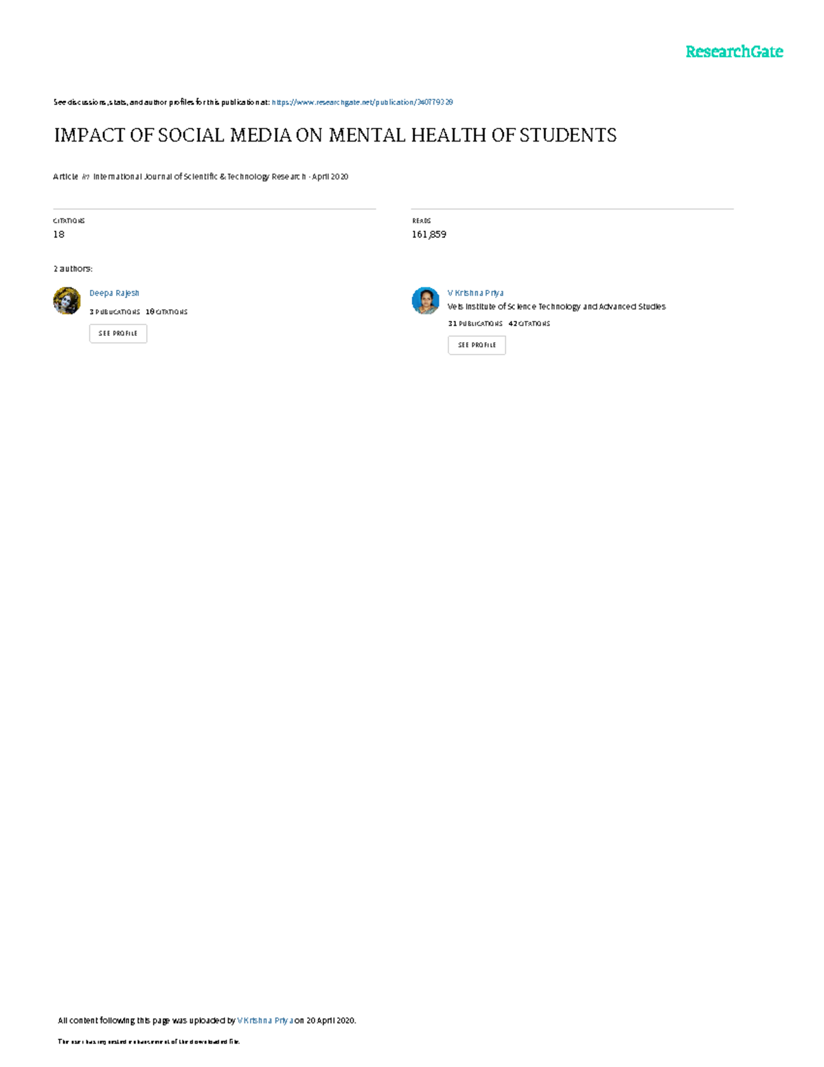 Impact Of Social Media On Mental Health Of Students 1 - See discussions ...