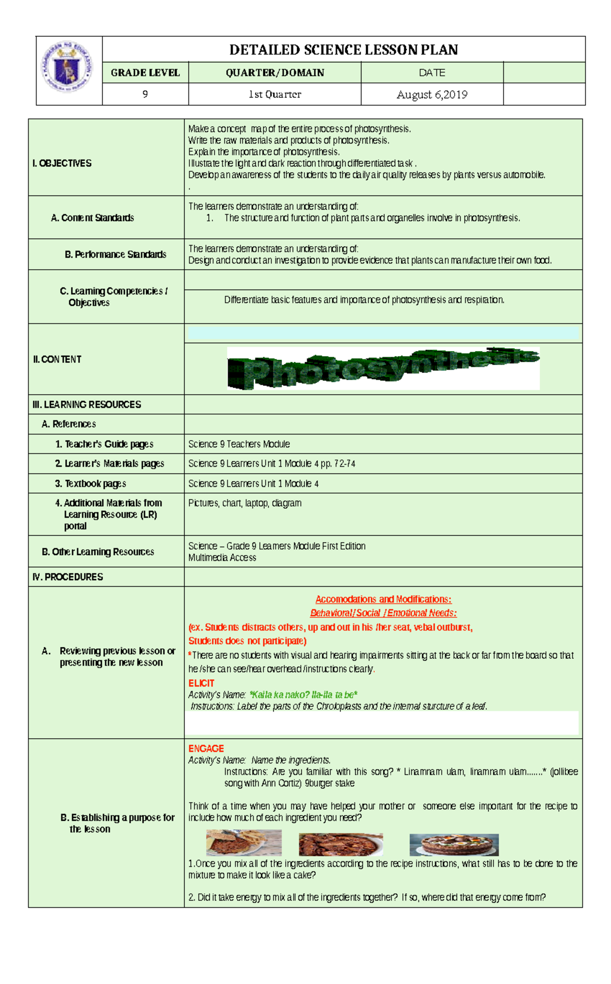 Photosynthesis - reviewer - DETAILED SCIENCE LESSON PLAN GRADE LEVEL ...