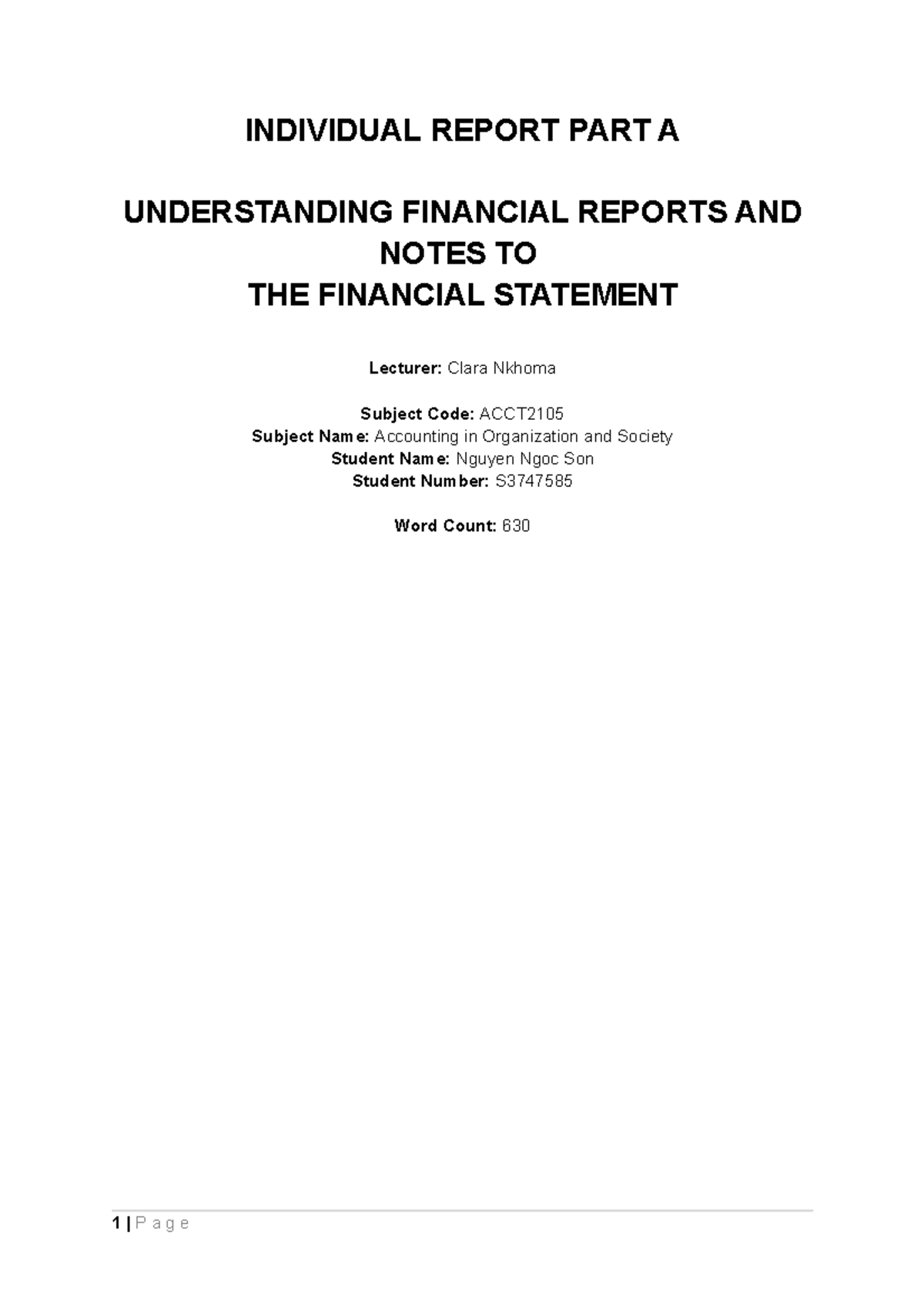 ACCT2105 Assignment-3 part-A Individual - INDIVIDUAL REPORT PART A ...