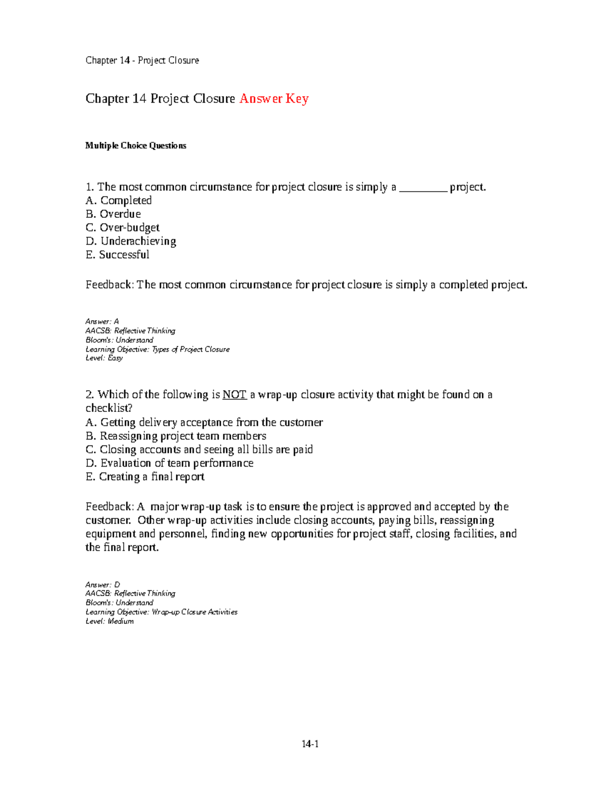 Chap014 - M/C with answers - Chapter 14 Project Closure Answer Key ...