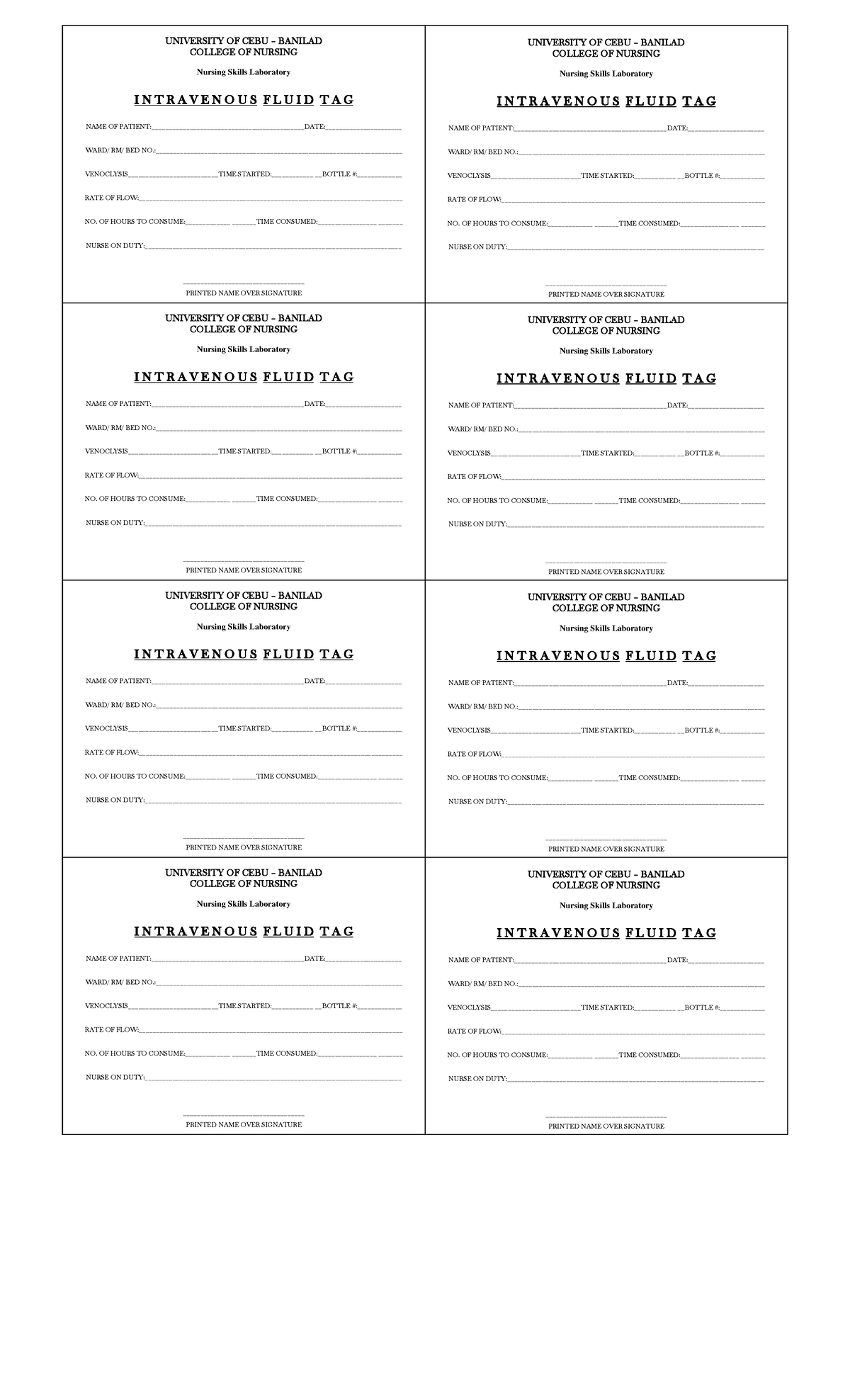 Intravenous Fluid Tag for Nursing Skills Lab - UC-Banilad - Studocu
