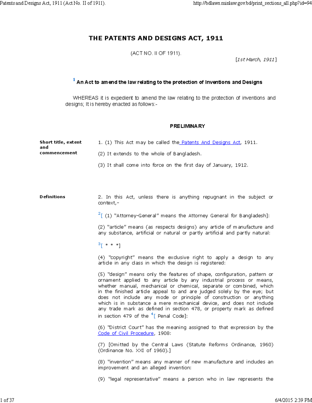 Patents and Designs Act, 1911: Comprehensive Overview and Analysis ...