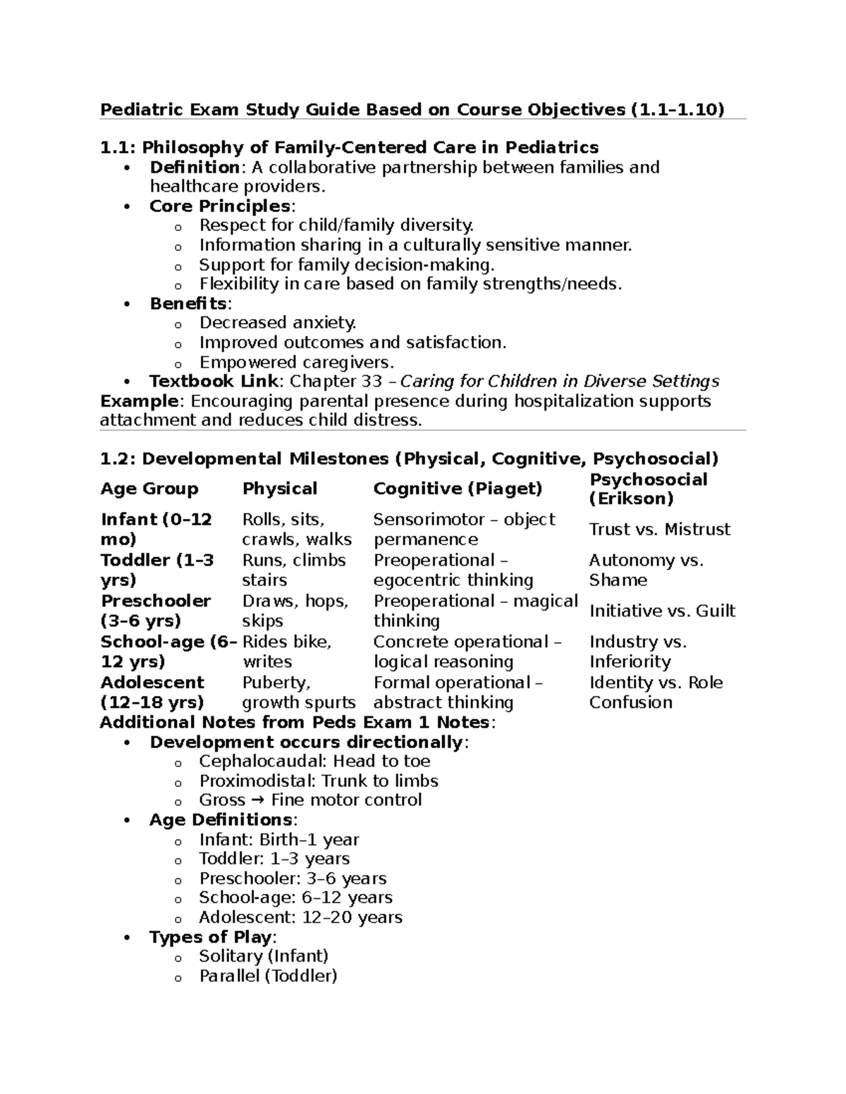 Pediatric Exam Study Guide: Course Objectives 1.1-1.6 Overview - Studocu