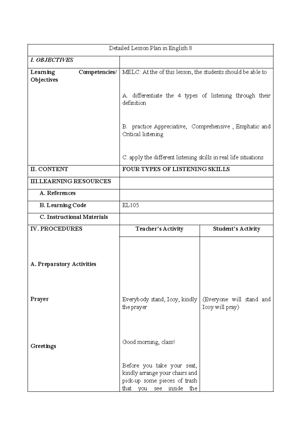 Detailed Lesson Plan on Listening Skills for English 8 - Studocu