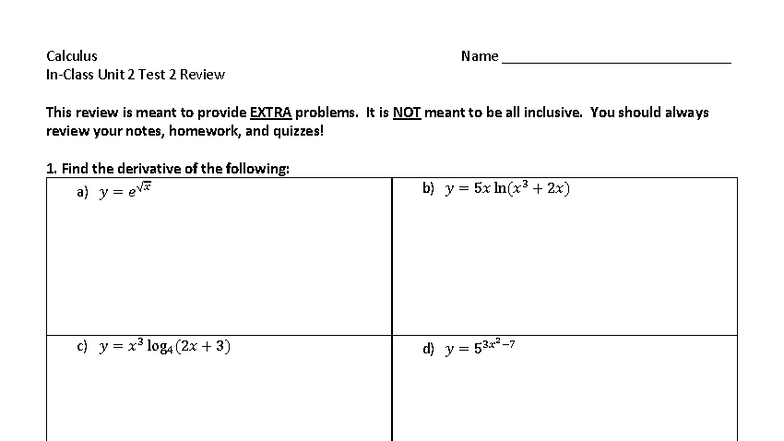In-Class Calculus Unit 2 Test 2 Review 2025 - Studocu