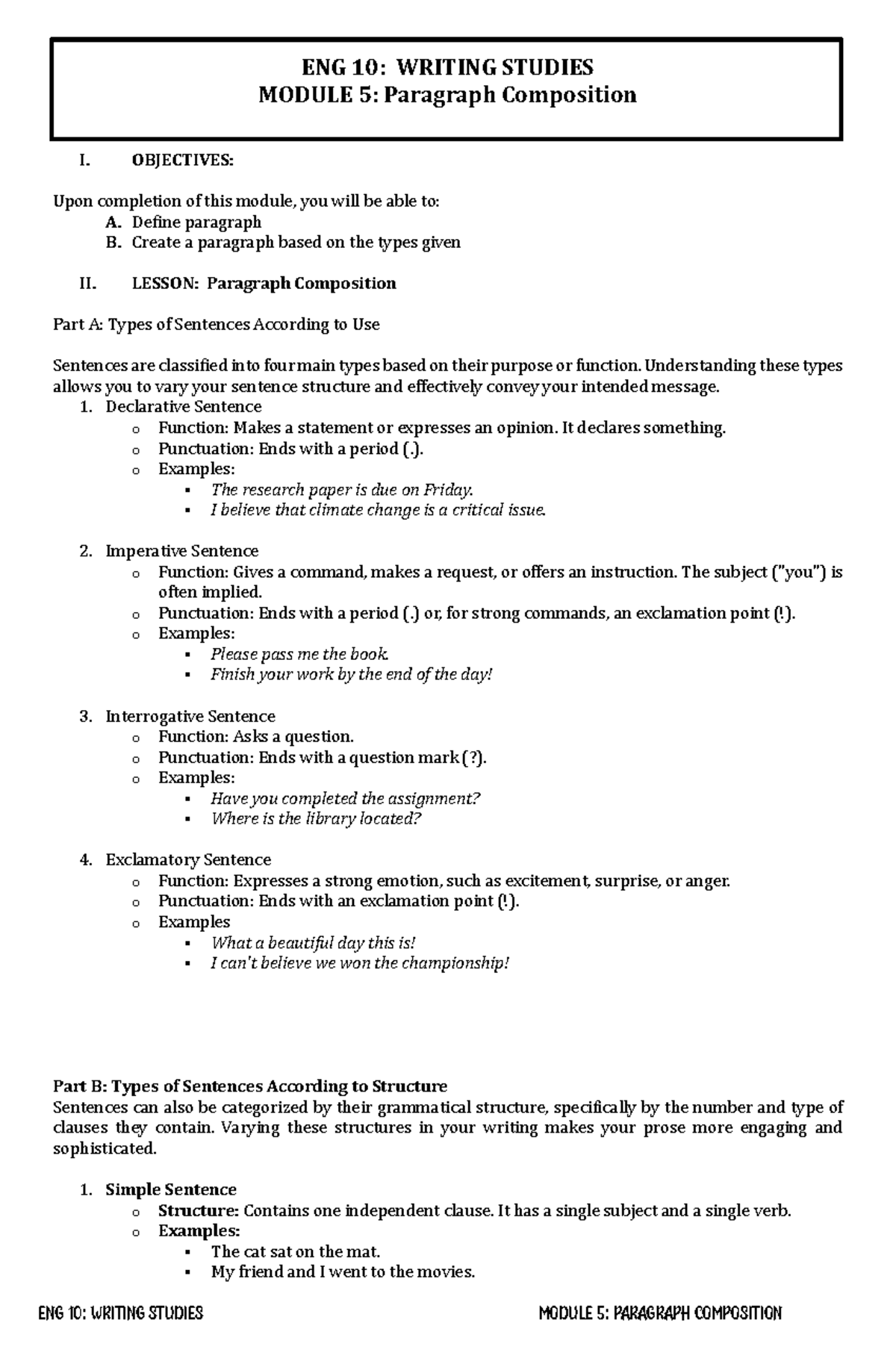 ENG 10: WRITING STUDIES MODULE 5: Paragraph Composition Overview - Studocu