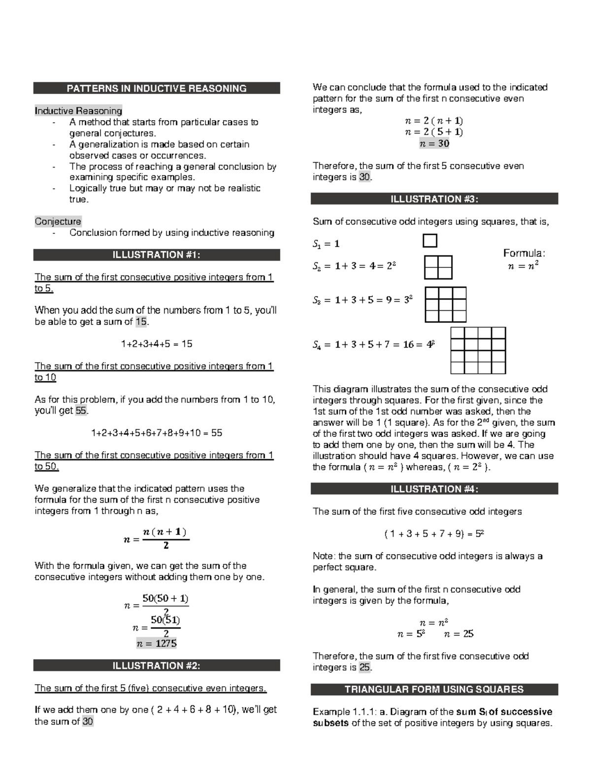 Mathematical Patterns AND Reasoning Lecture - PATTERNS IN INDUCTIVE ...