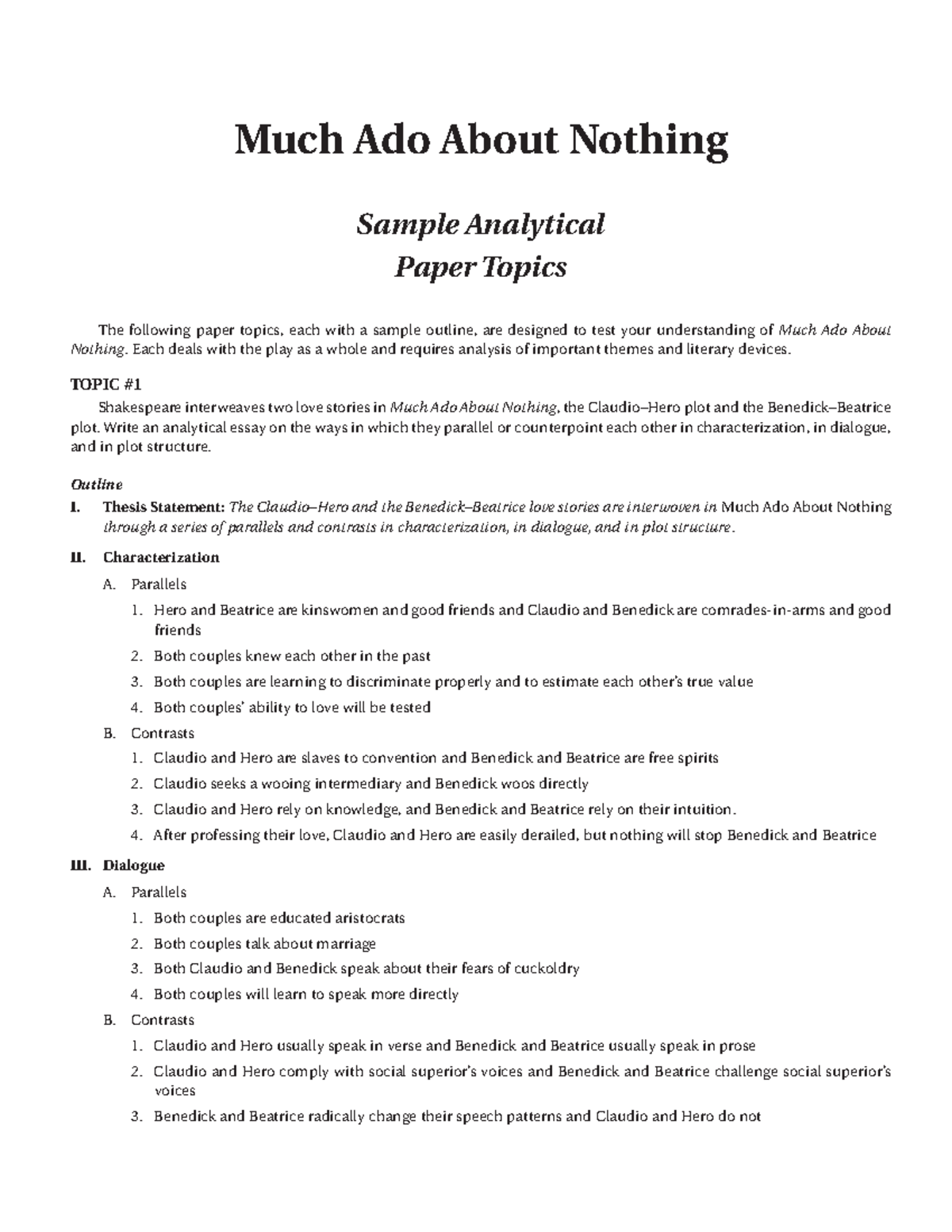 Much Ado About Nothing: Sample Analytical Paper Topics & Outlines - Studocu