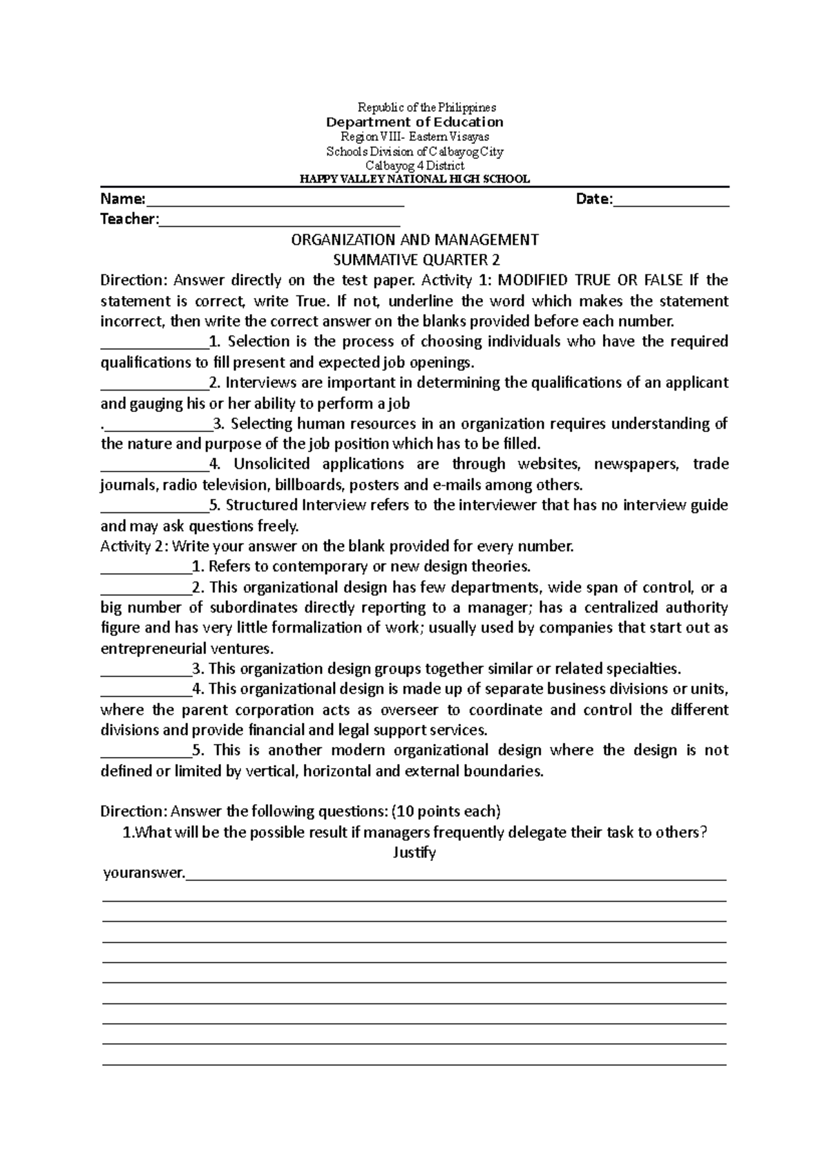 Organizational and Management Q2 Summative Assessment for General ...