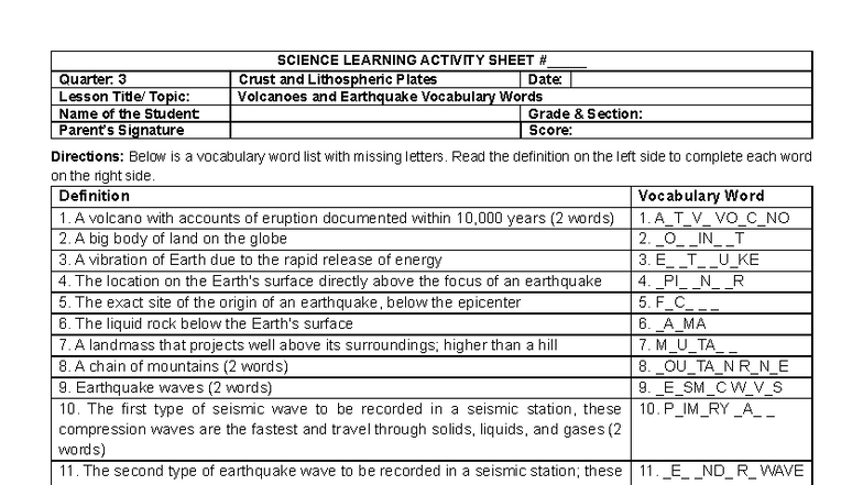 SCI 101: Q3 Lesson on Volcanoes & Earthquake Vocabulary - Studocu