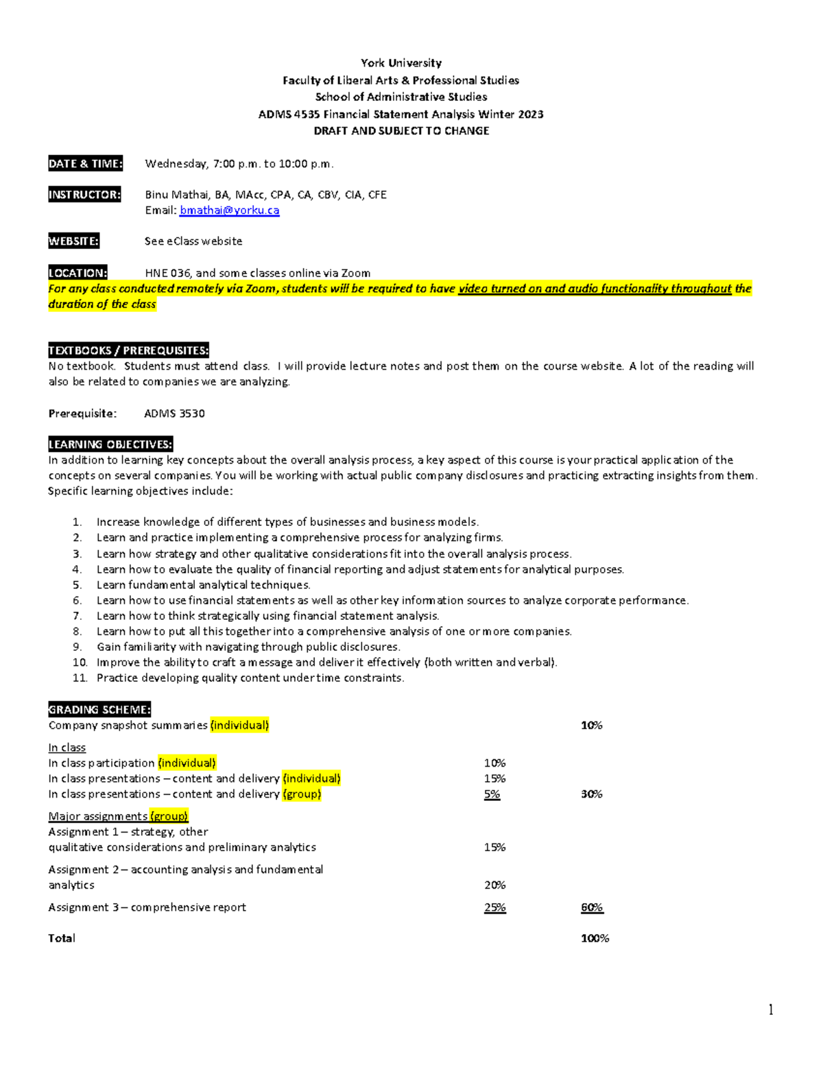 ADMS 4535 Financial Statement Analysis Course Outline Winter 2023 - Studocu