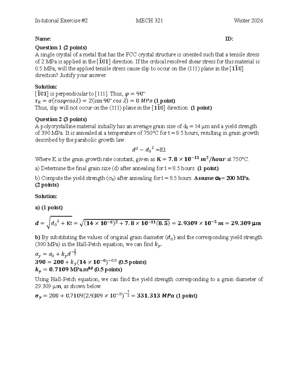 In-tutorial Exercise #2 Solutions for MECH 321 Winter 2026 - Studocu