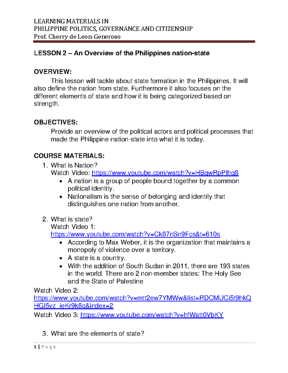Lesson 2 for polgov An Overview of the Philippines nation-state ...