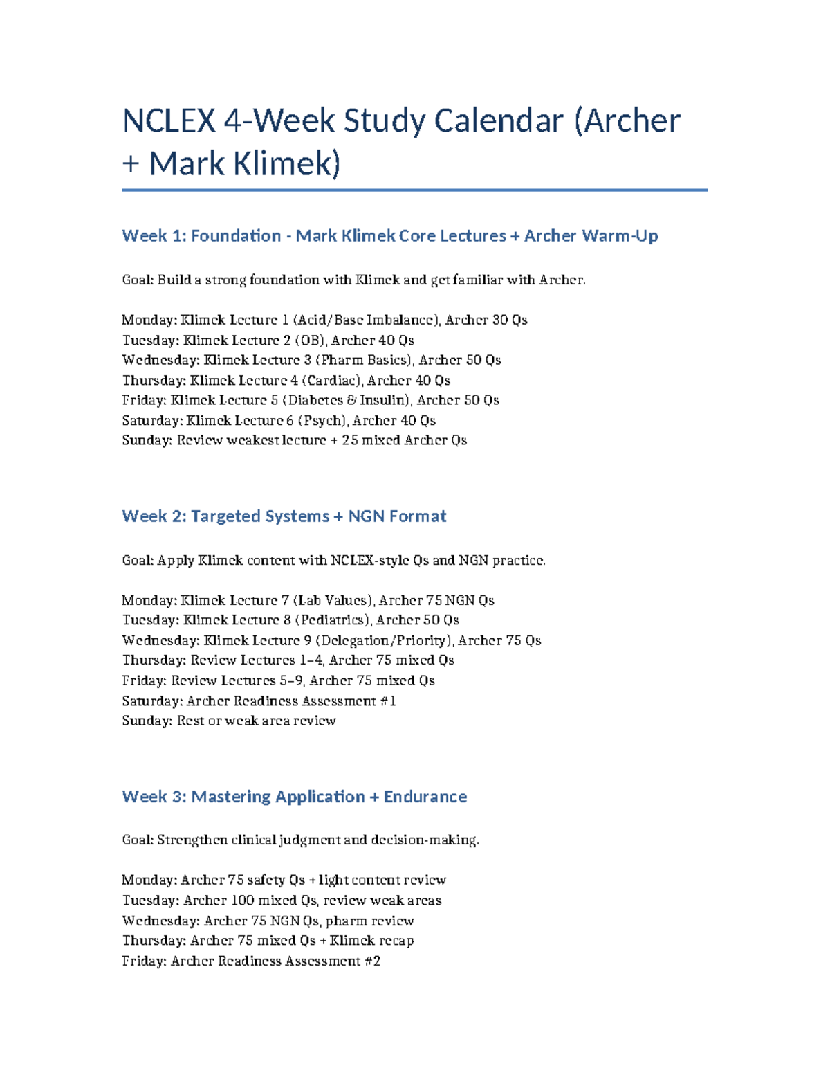 NCLEX 4-Week Study Calendar: Klimek & Archer Plan - Studocu