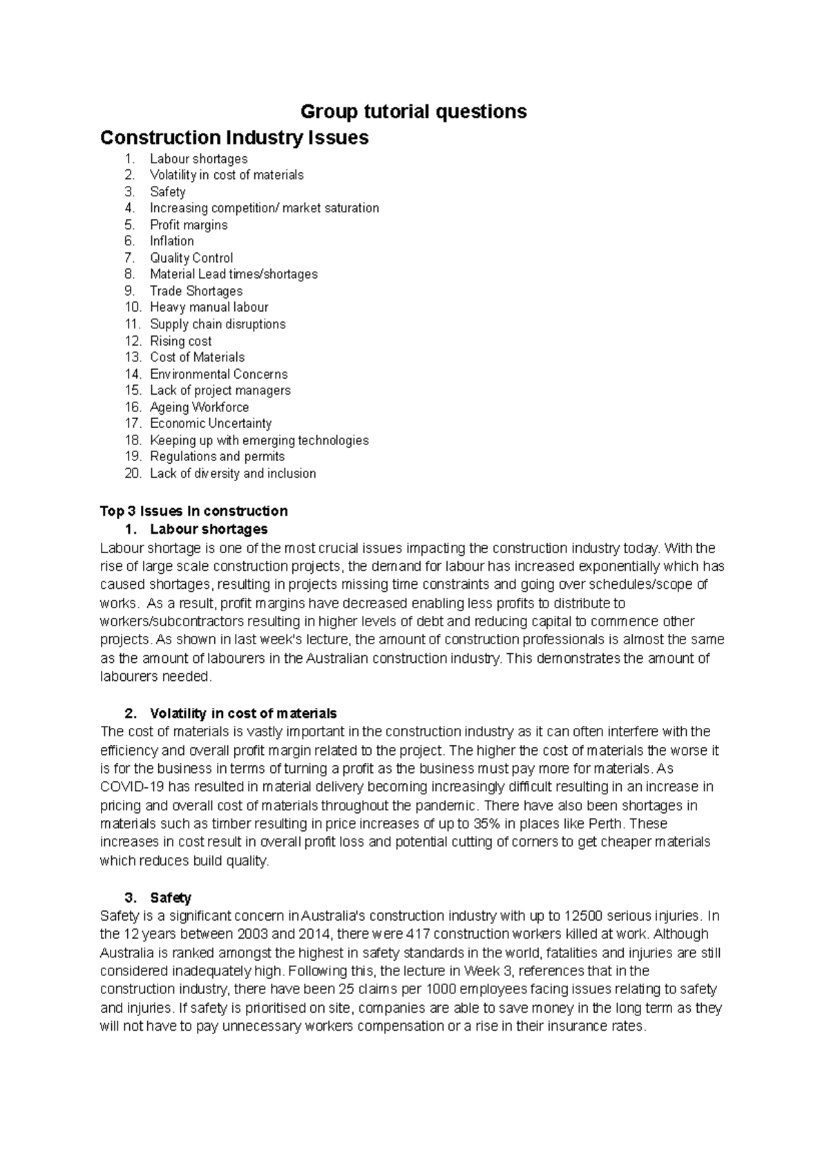 Group Tutorial Week 3: Key Issues in Construction Industry - Studocu