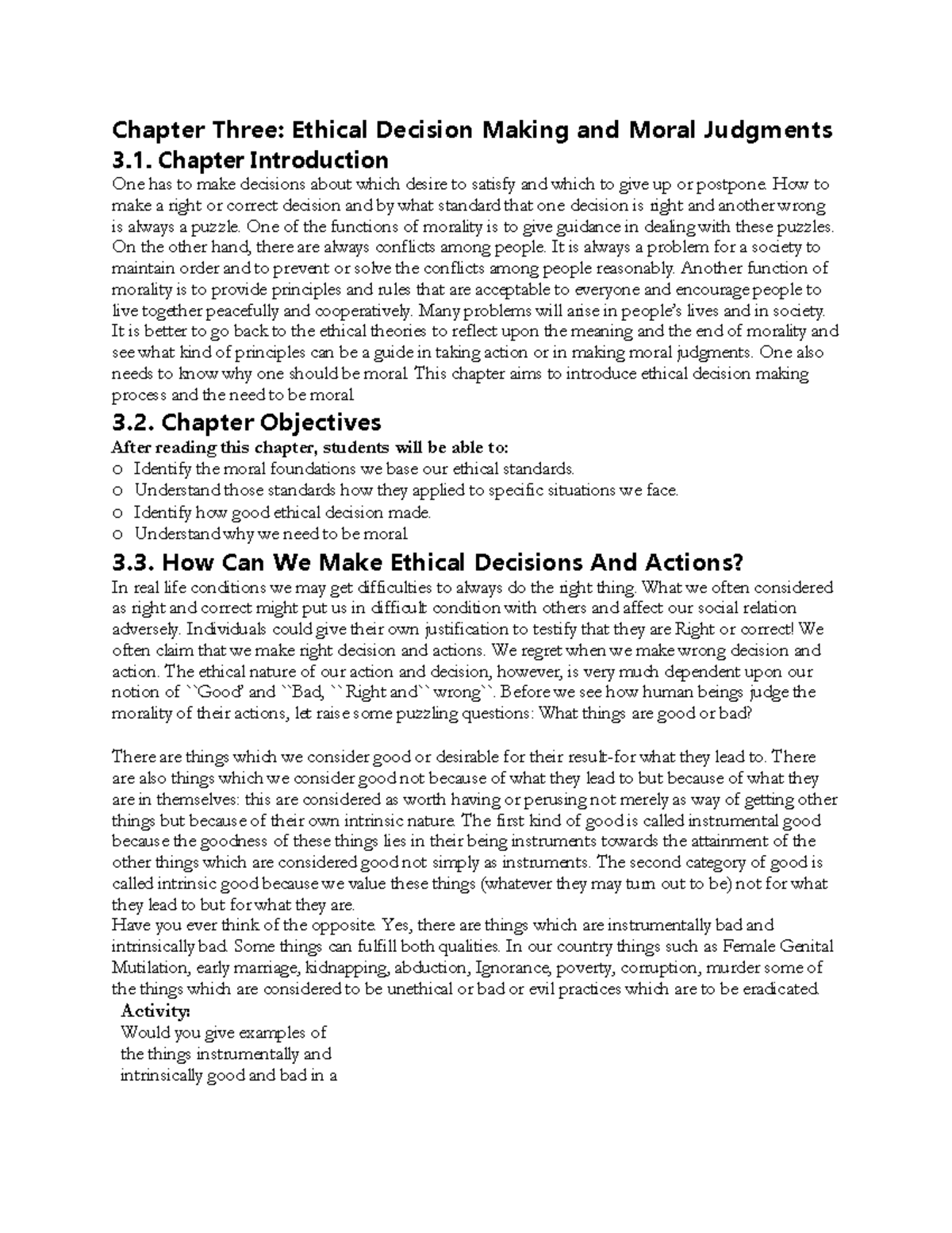 Civic and Moral Education Unit 3: Ethics and Decision Making (MCED 1011) - Studocu