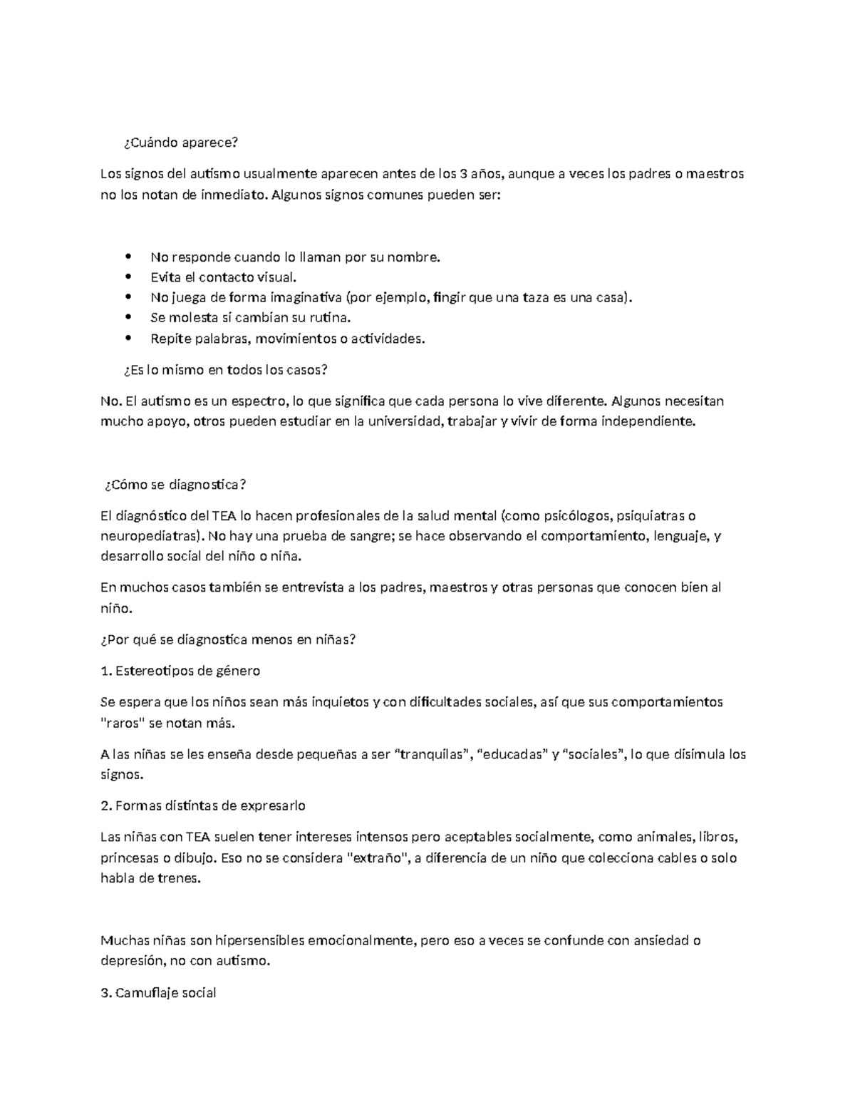 Signos y Diagnóstico del Autismo: Información Esencial sobre TEA - Studocu