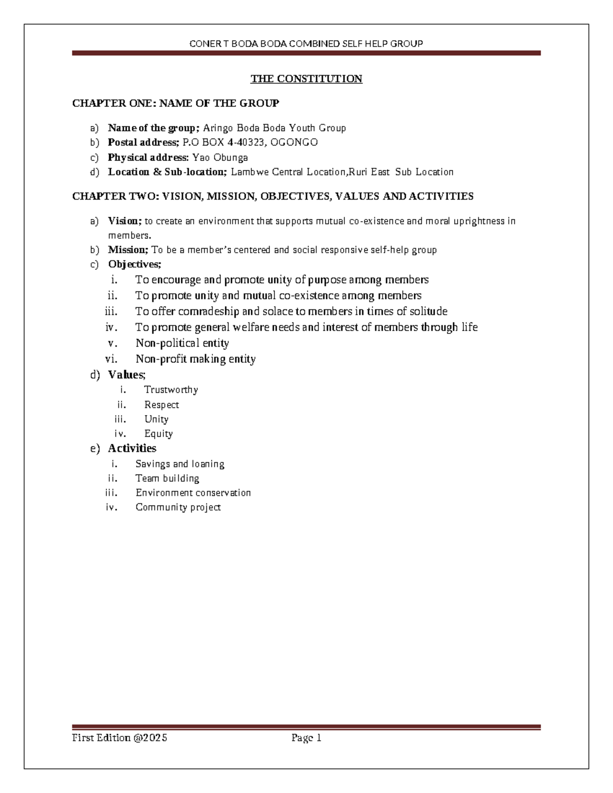 Aringo Boda Boda Youth Group Constitution: Structure & Guidelines - Studocu