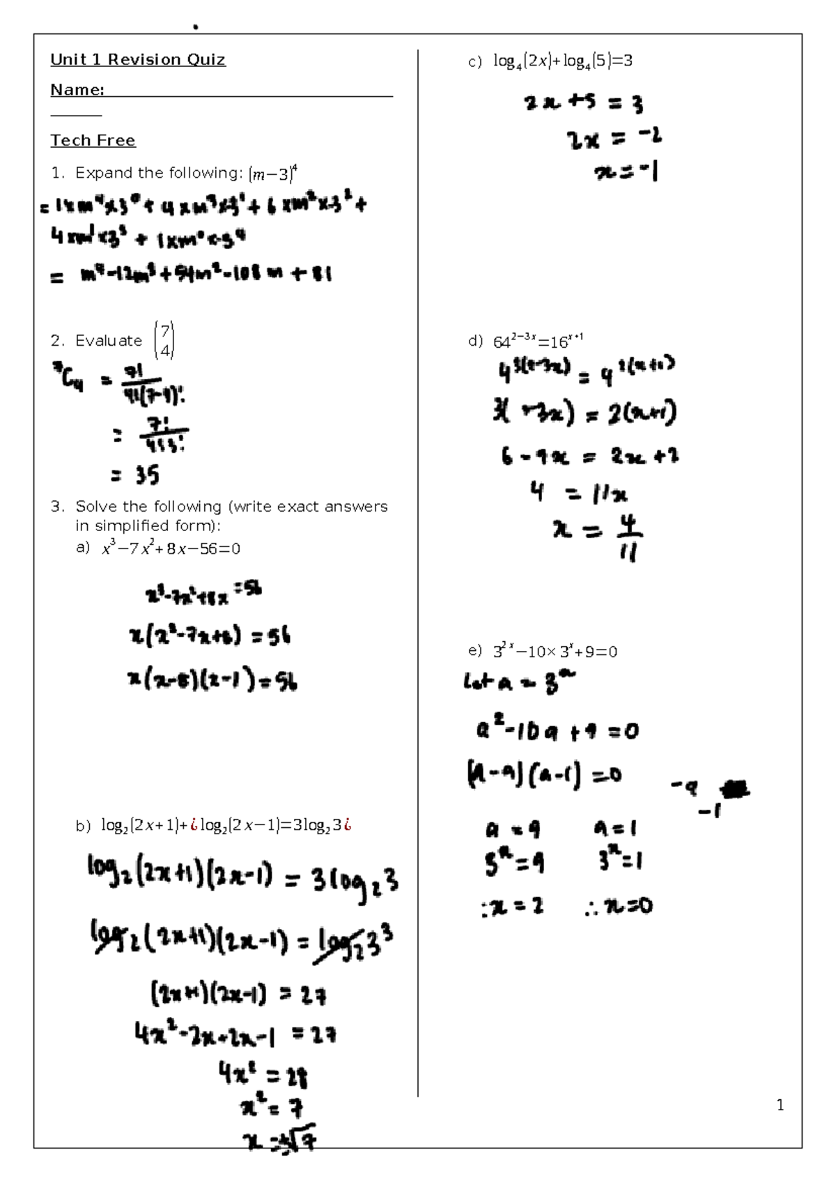 Unit 1 Revision Quiz: Expanding, Evaluating, and Solving Functions ...