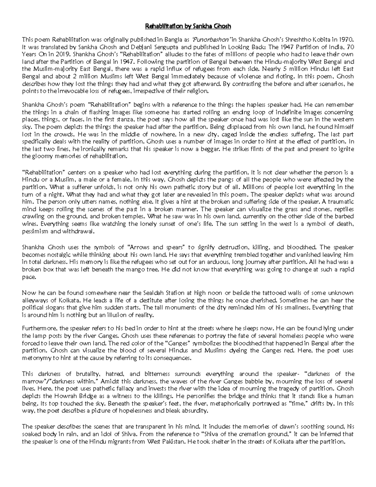 Rehabilitation Poem Analysis by Sankha Ghosh: A Study of Loss and ...