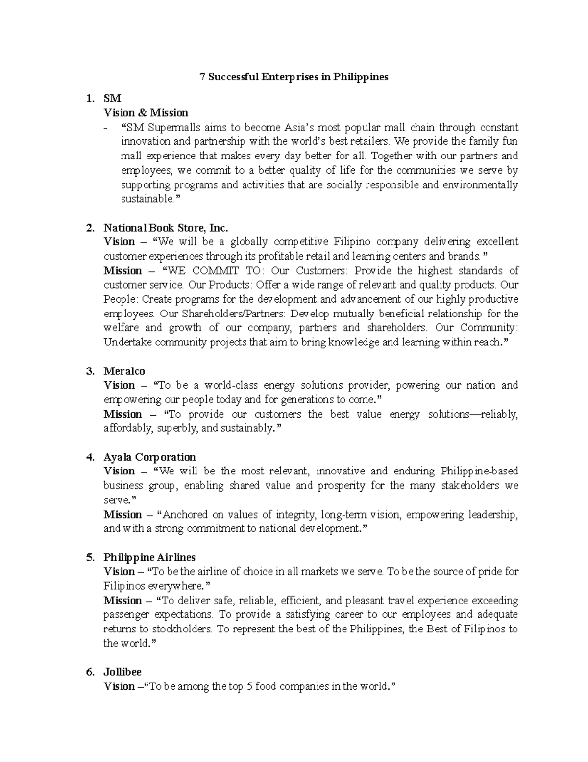 7 Successful Enterprises in the Philippines: Vision and Mission Insights - Studocu