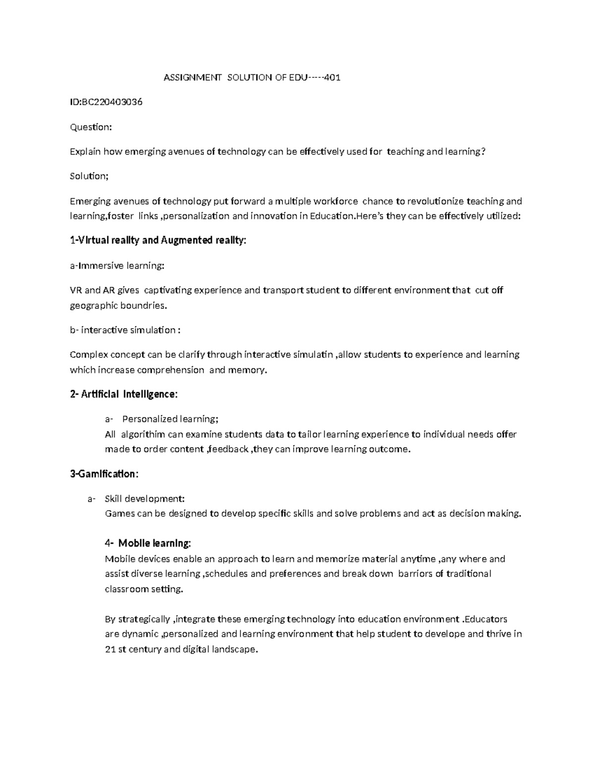 EDU 401 Assignment: Effective Use of Emerging Tech in Education - Studocu