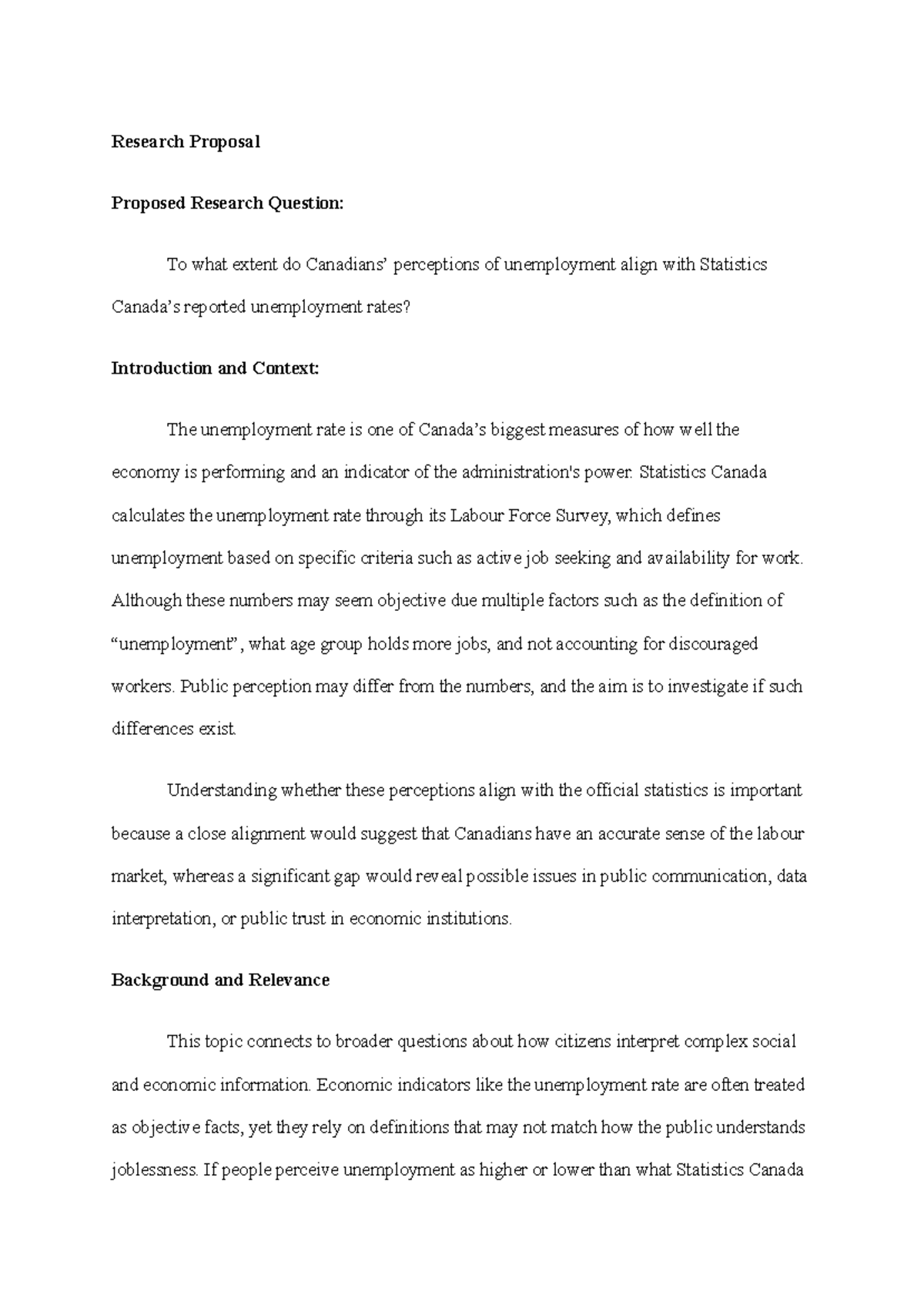 Research Proposal: Perceptions vs. Stats on Unemployment Rates - Studocu