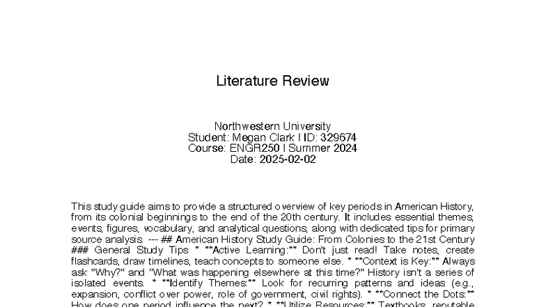 ENGR250 Literature Review: American History Study Guide - Studocu