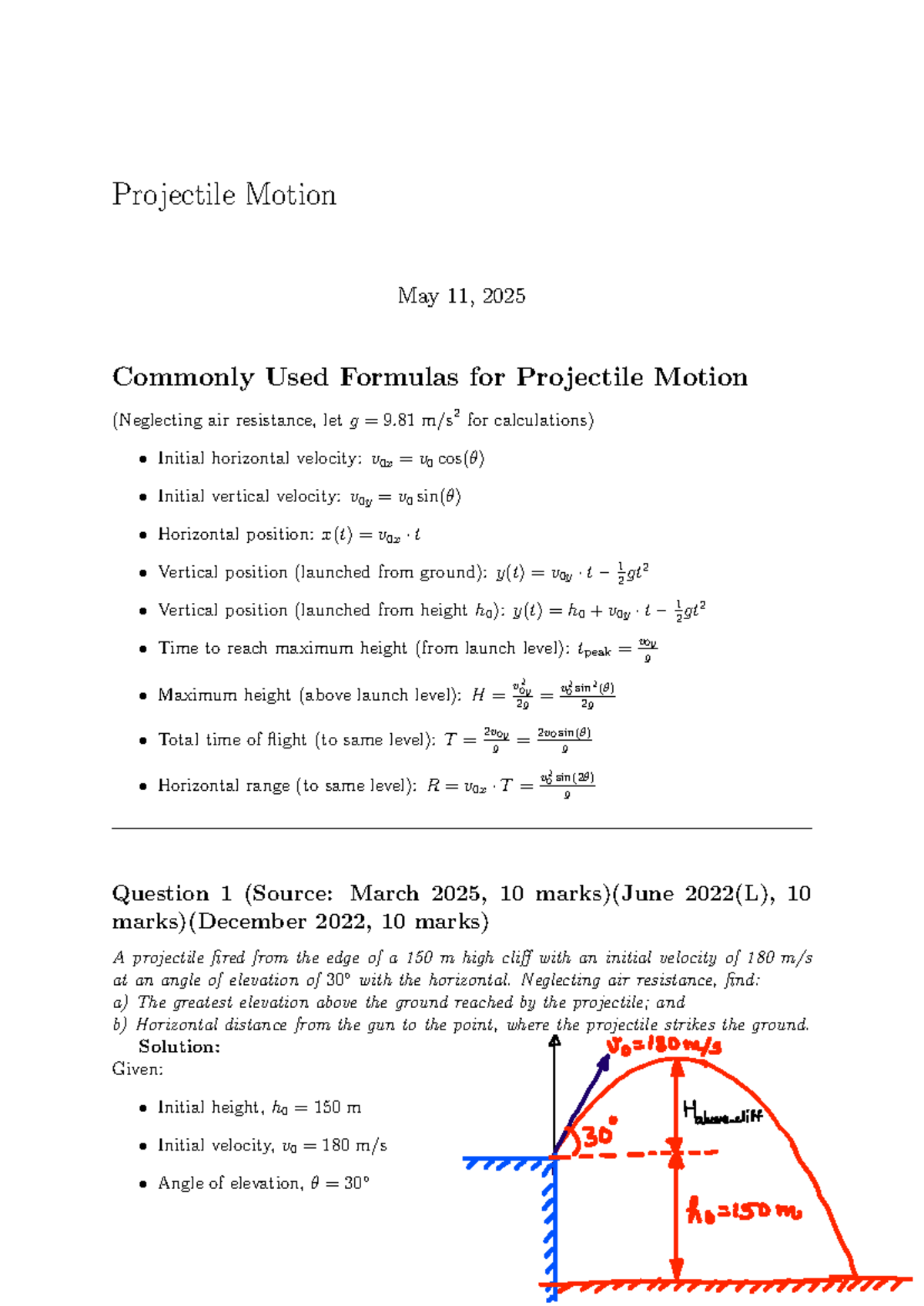 Sem 2 Projectile Motion Notes: Key Formulas & Solutions - Studocu