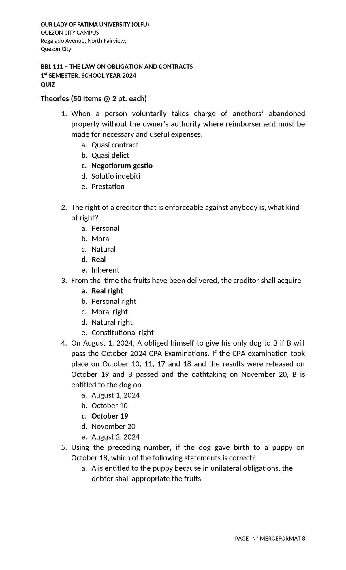 BBL 111 - Quiz Reviewer on Law of Obligation & Contracts (1st Sem 2024) - Studocu