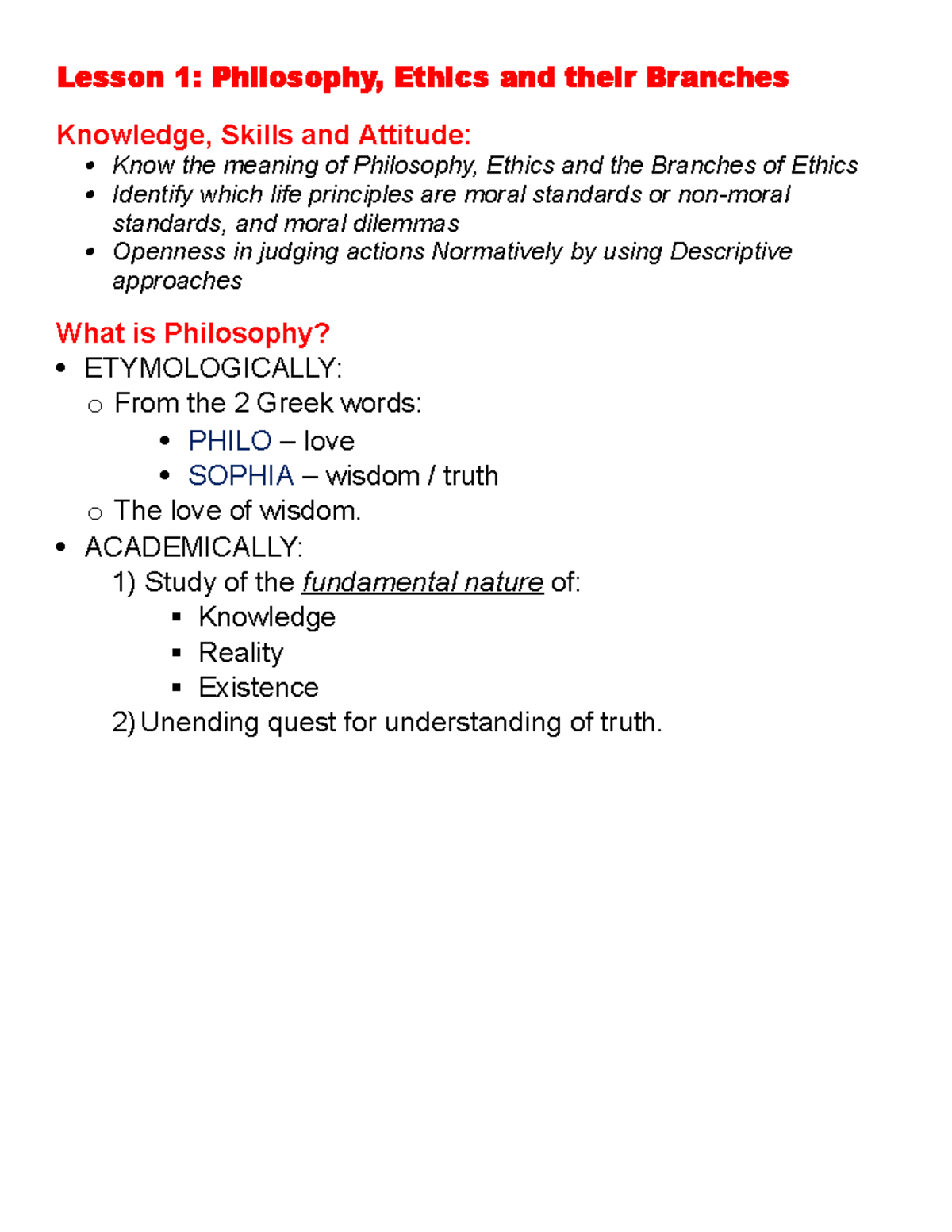 Lesson 1 Meaning and Branches of Philosophy and Ethics - Lesson 1 ...