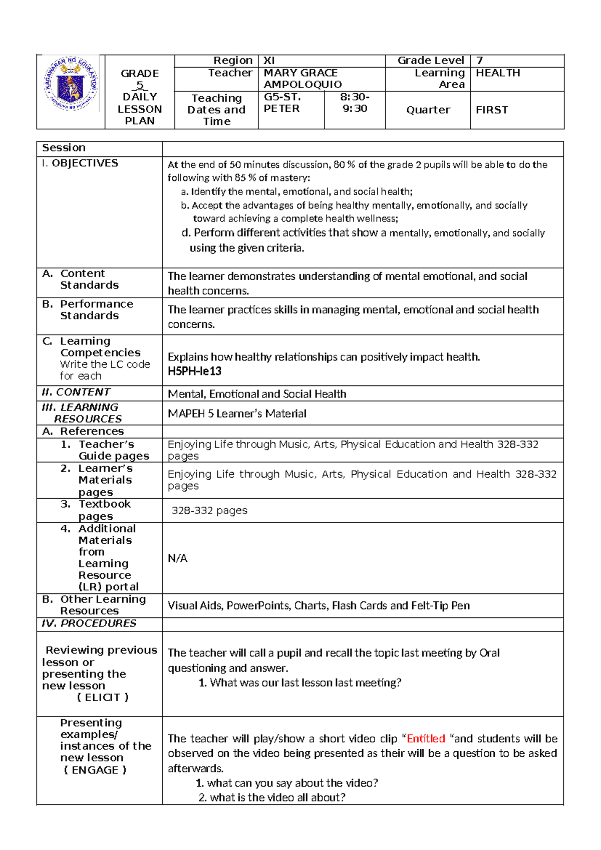 DLP: Mental, Emotional, and Social Health Lesson Plan for Grade 7 - Studocu