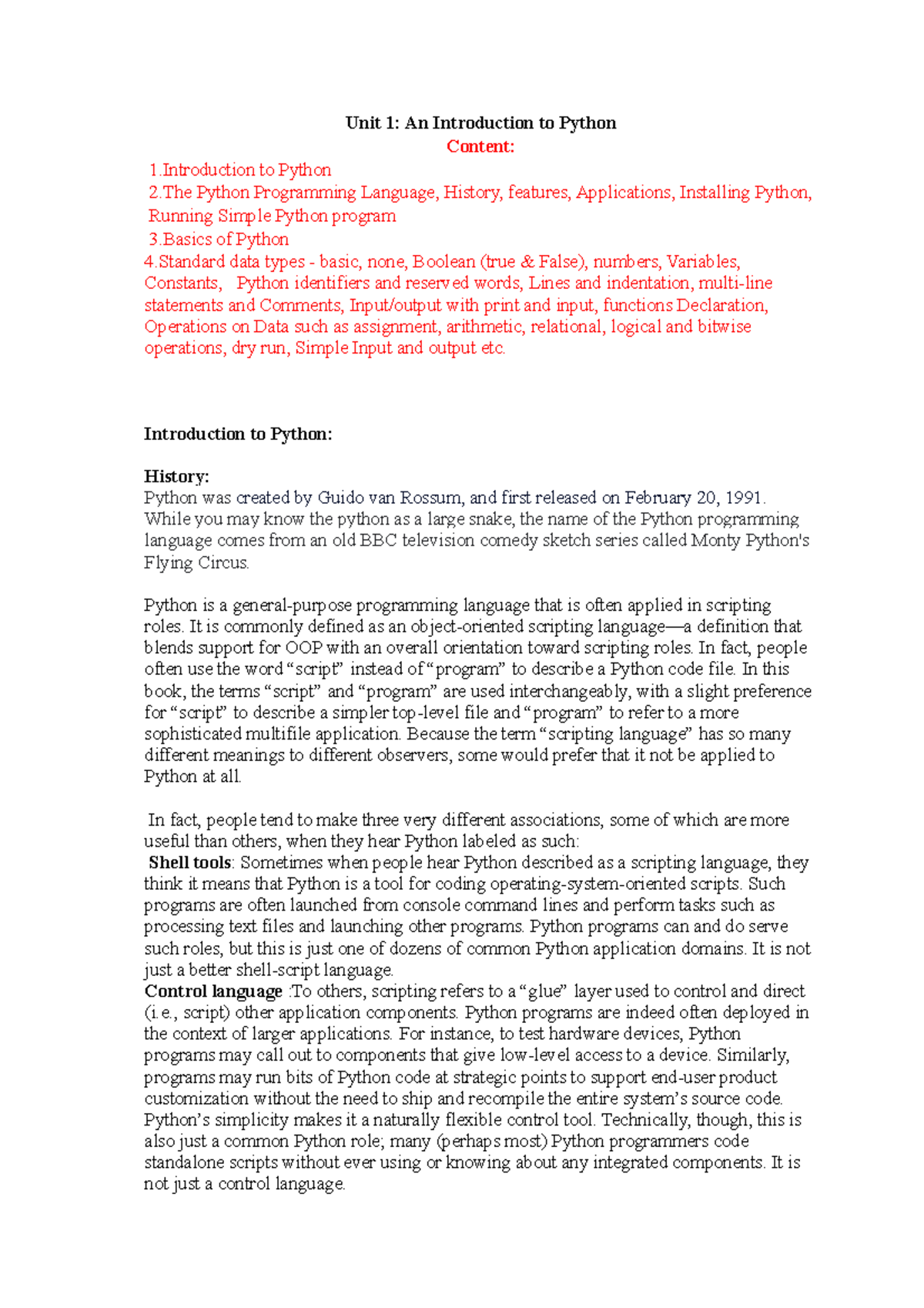 Unit 1: Python Fundamentals and Basics Overview - Studocu