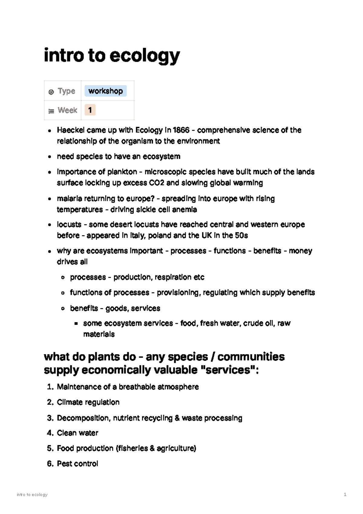 Week 1 - Intro to Ecology Workshop Notes - Studocu
