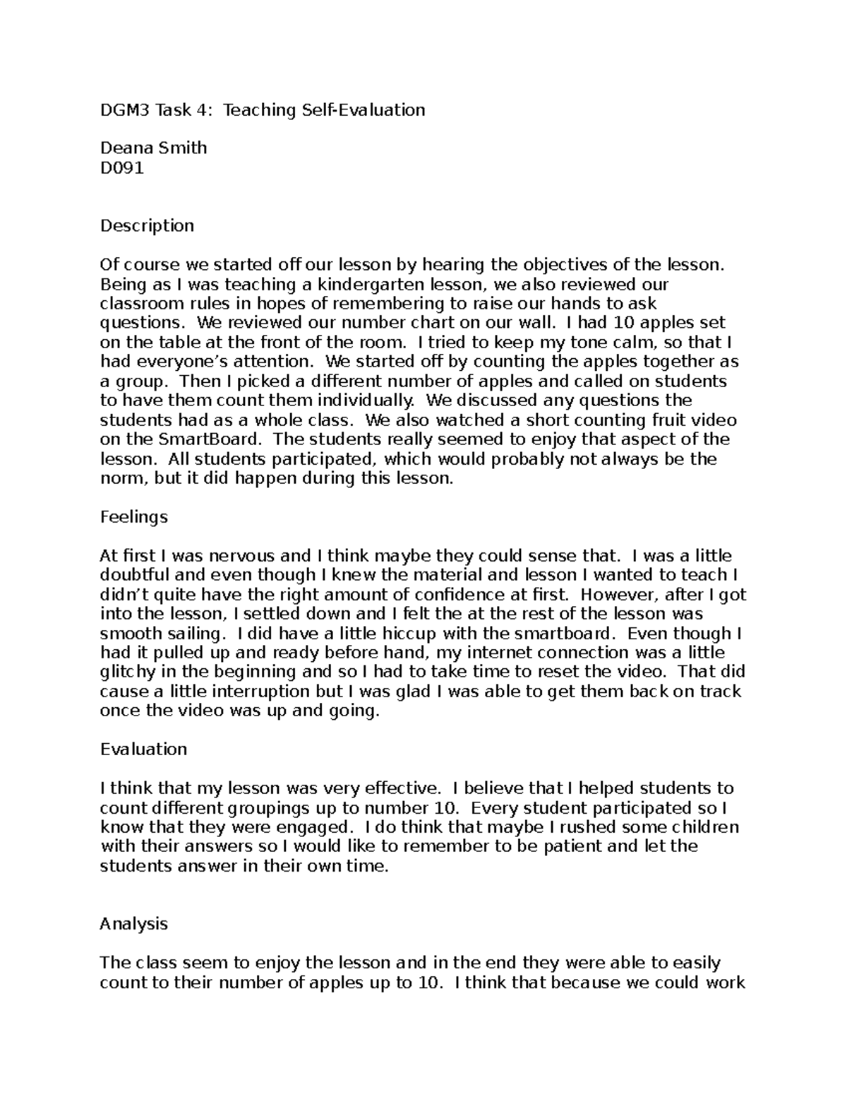 DGM3 Task 4: Reflective Self-Evaluation of Kindergarten Lesson - Studocu