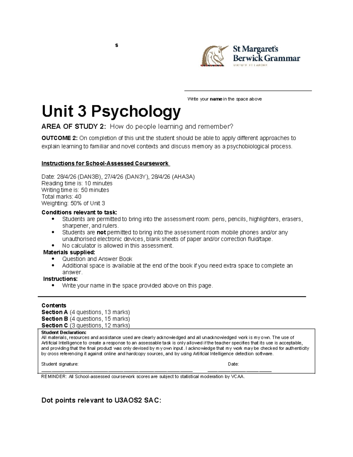 Unit 3 Psychology (DAN3B, DAN3Y, AHA3A) SAC Cover Page - Studocu