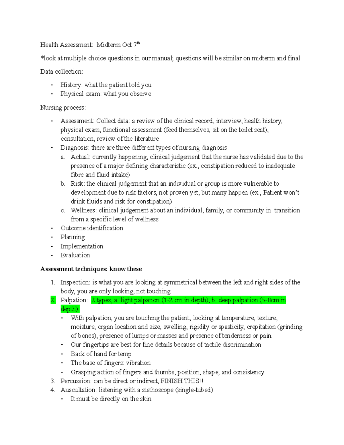 Health Assessment: Midterm Review for Oct 7th Exam - Studocu