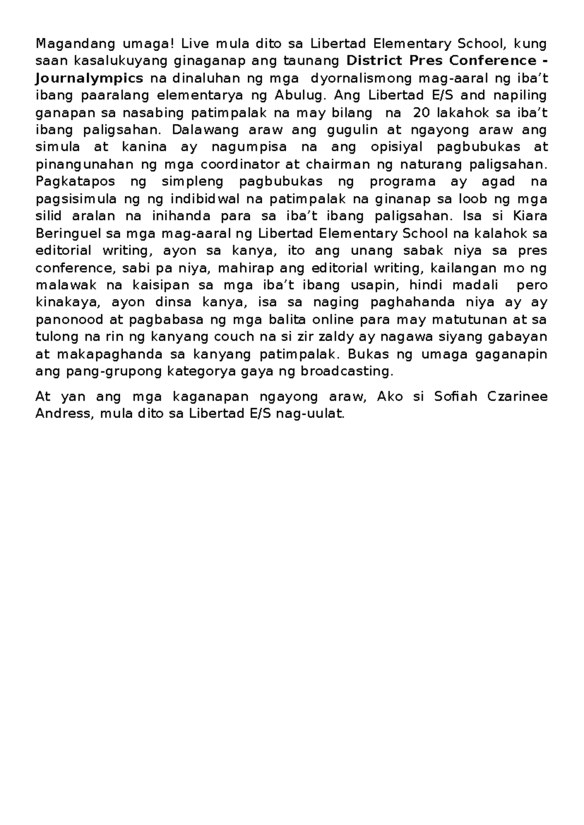 District Press Conference 2023: Coverage of Journalympics Events - Studocu