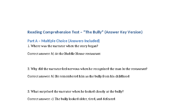 ENG 101 Reading Comprehension Test: The Bully Answer Key - Studocu