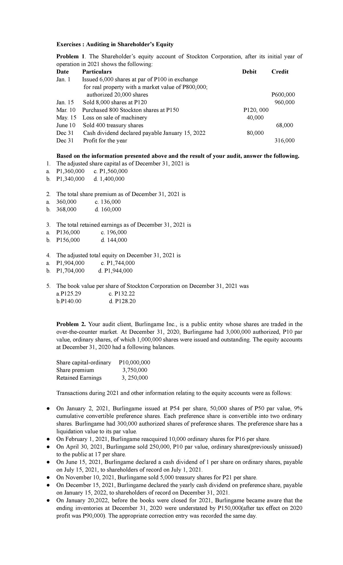 Exercises: Auditing in Shareholder's Equity Problems - Studocu