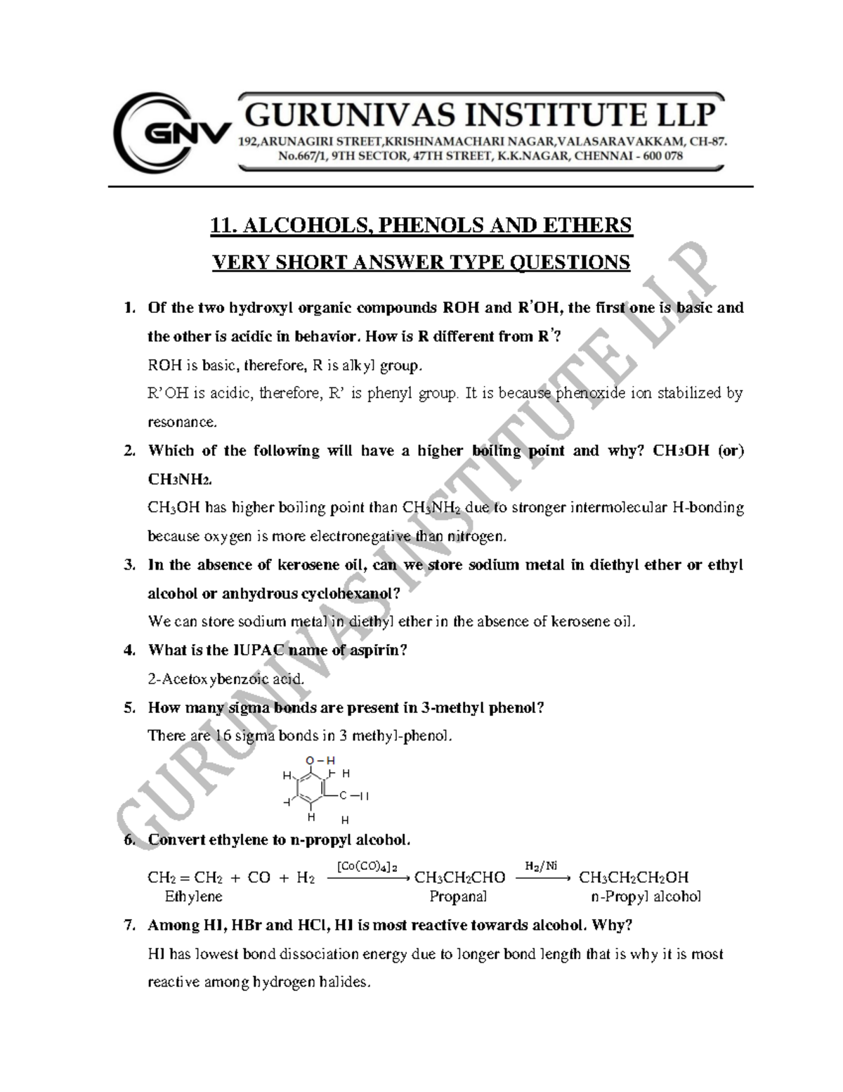 7. Alcohols, Phenols, and Ethers: Very Short Answer Questions - Studocu