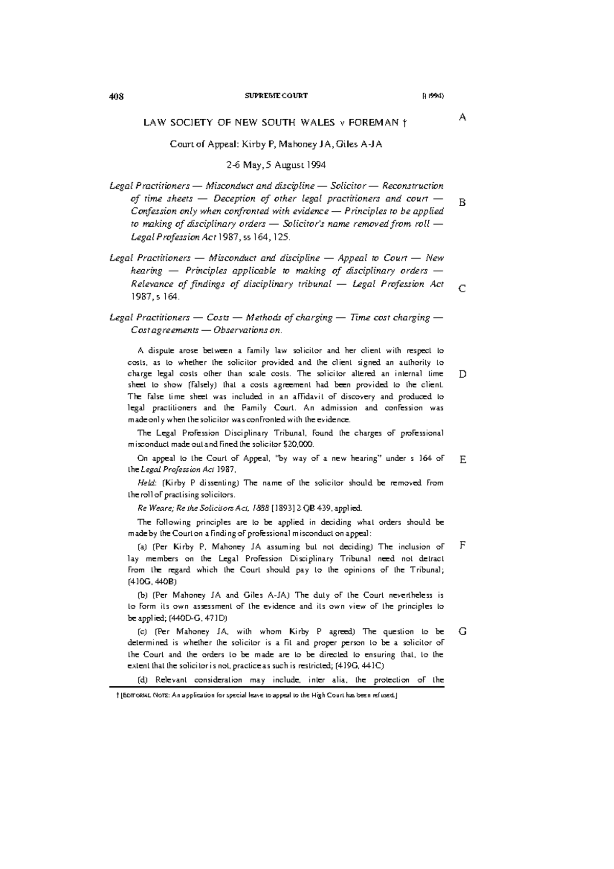LAW SOCIETY OF NSW V FOREMAN: COURT APPEAL DECISION (1994) - Studocu