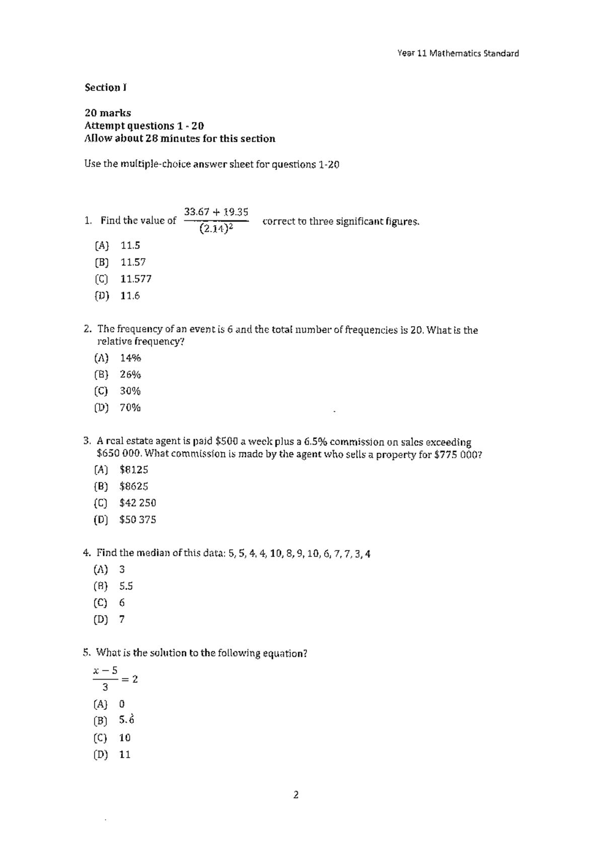 2018 Year 11 Mathematics Standard Practice Questions - Studocu