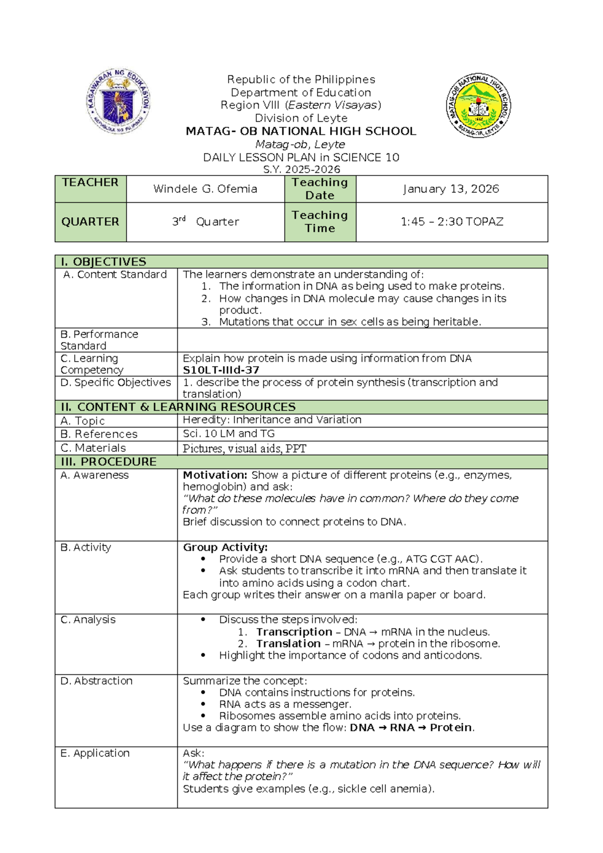 Science 10 Daily Lesson Plan: DNA & Protein Synthesis (3rd Qtr) - Studocu
